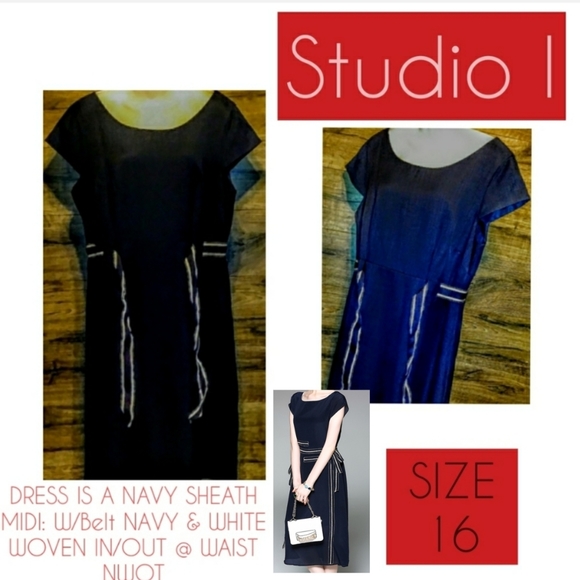 Studio One | Dresses | Studio Dress Size 16 Navy Sheath With Belt Nwot ...
